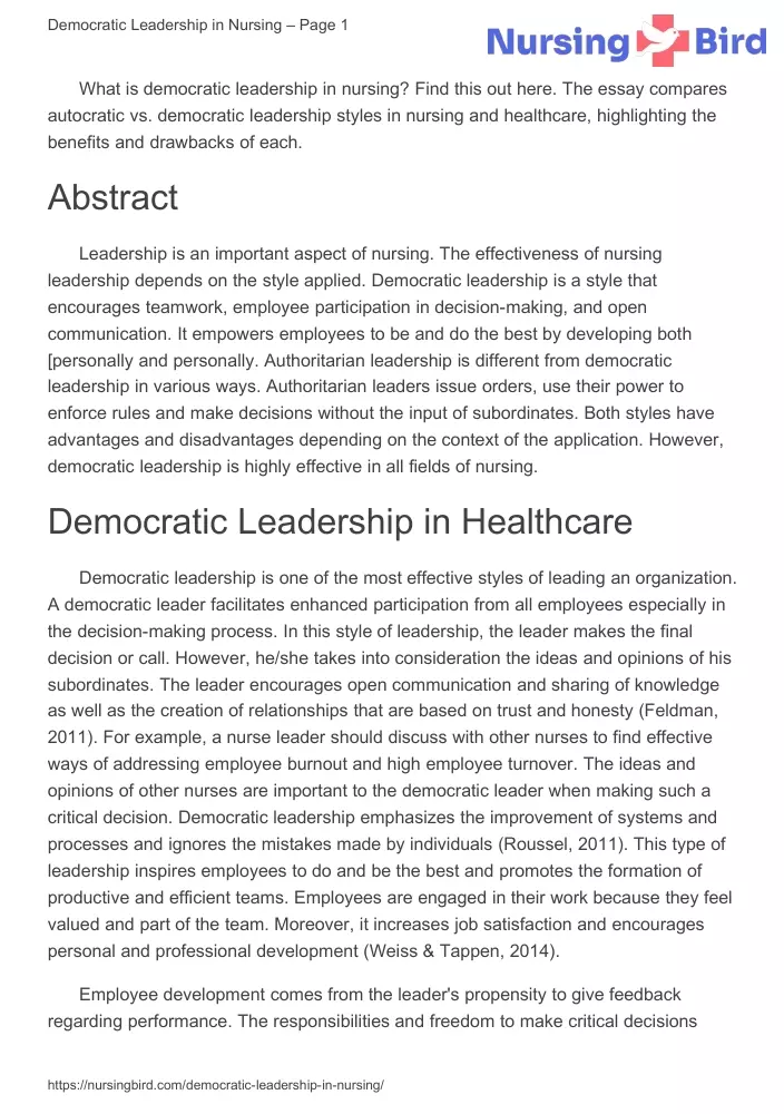 Democratic Leadership In Nursing